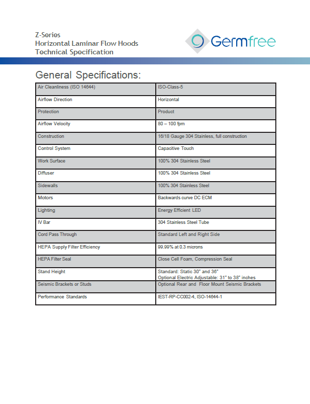 Germfree Z-Series Horizontal Laminar Flow Hood Technical Specifications ...